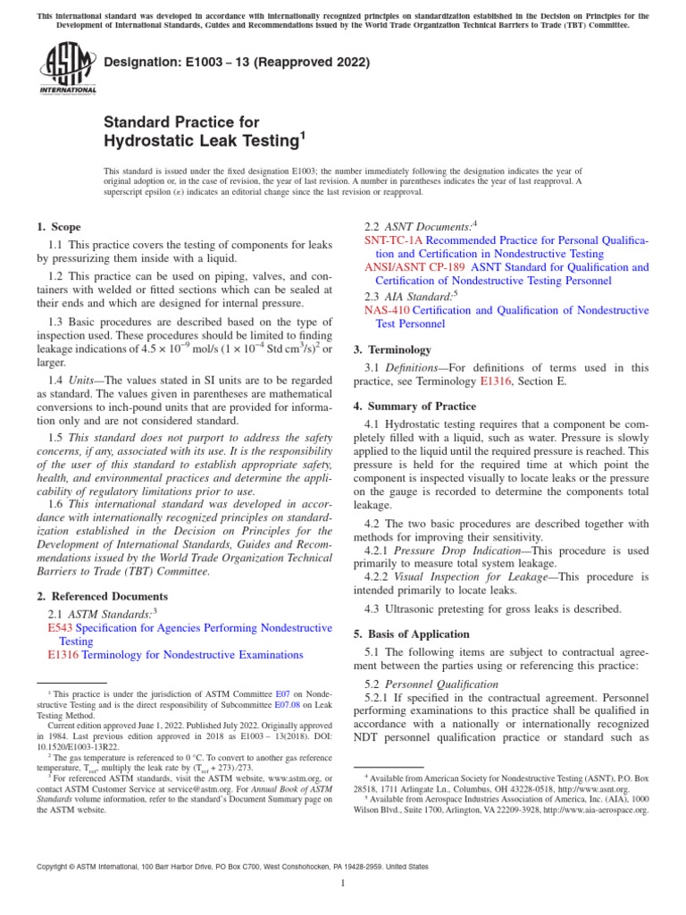Astm E1003-13 (2022) | PDF | Leak | Nondestructive Testing