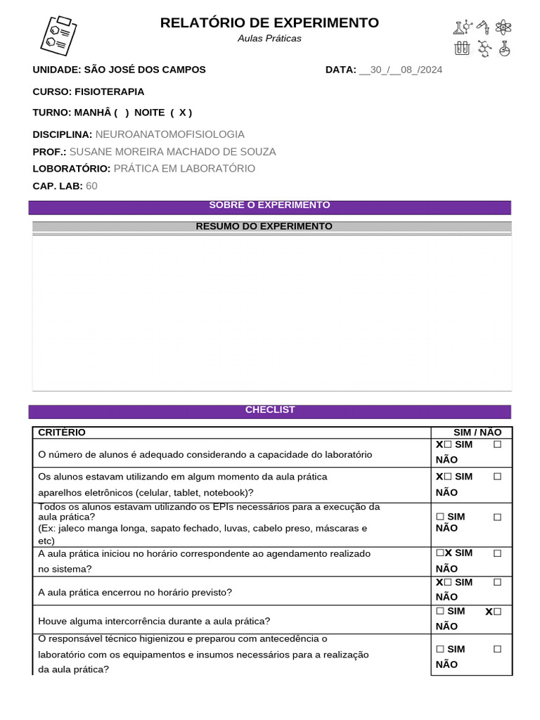 Relatório de Experimento de Aula Prática - Neuroanatomo - Sexta | PDF