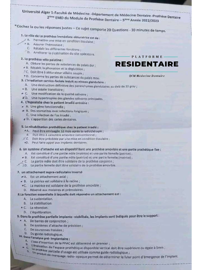 Prothese 5eme Annee Alger 2023 EMD2 | PDF