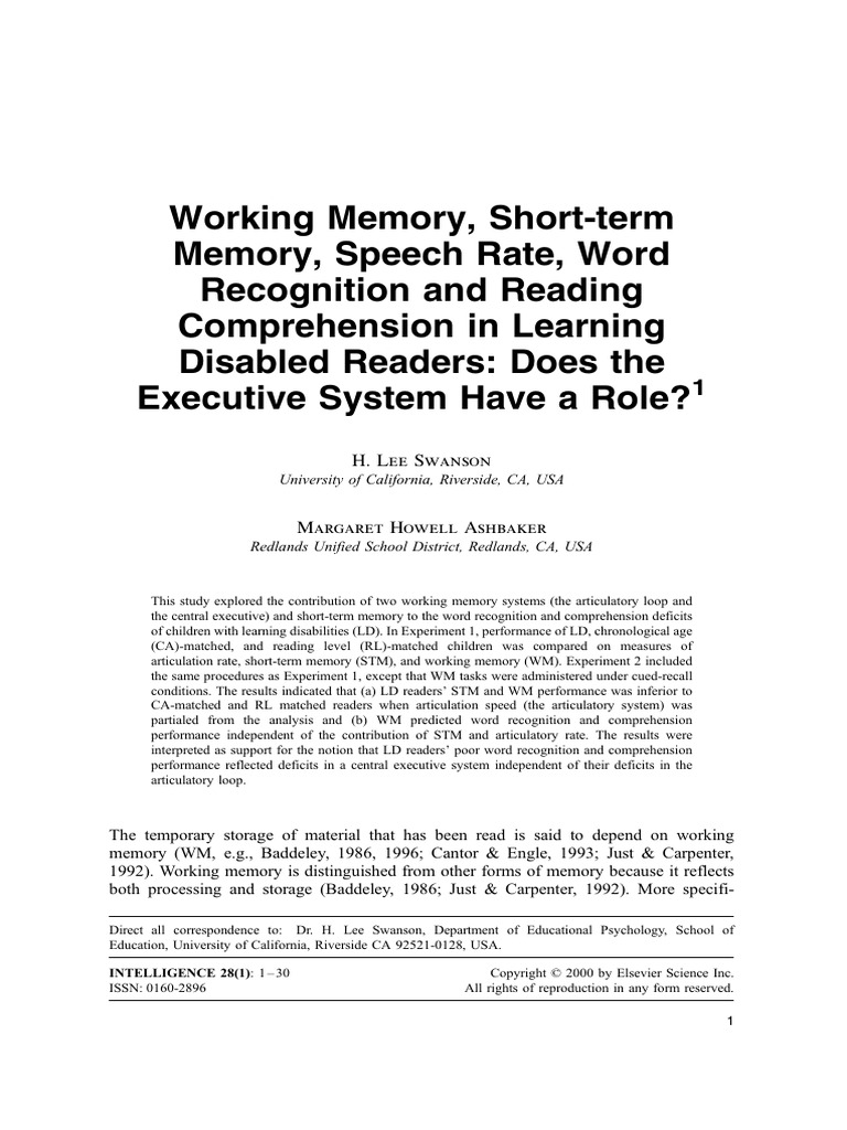 Swanson & Ashbaker (2000) WM, EF in Dyslexia | PDF | Working Memory | Memory