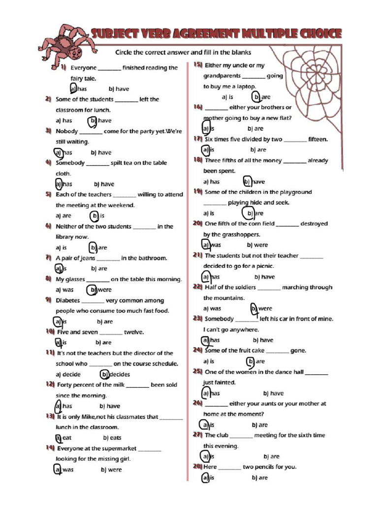 Subject Verb Agreement Multiple Choice Exercises1 | PDF
