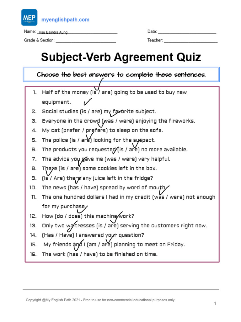 Subject Verb Agreement Quiz | PDF | Games & Activities