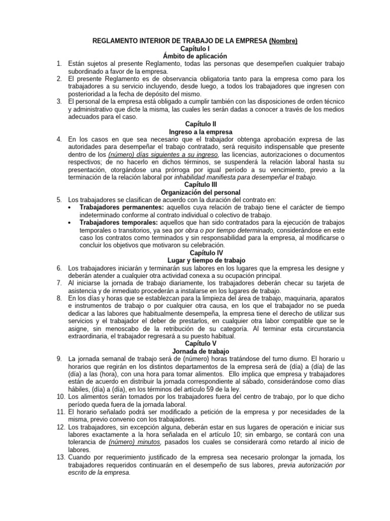 Modelo de Reglamento Interior de Trabajo | PDF | Tiempo de trabajo | Derecho laboral