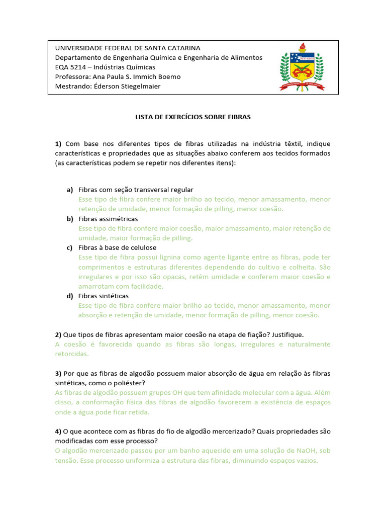 Lista Exercícios Aula 1 Fibras | PDF | Fibras | Fiação (têxtil)