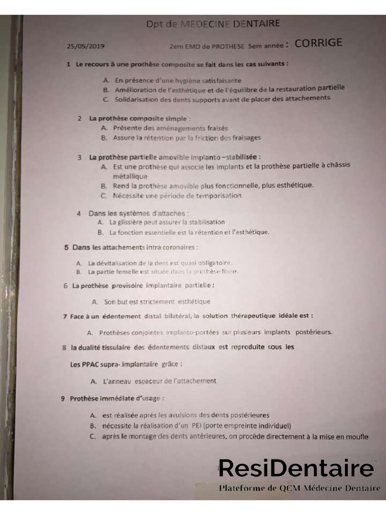 Sujet DExamen Prothese 5 Eme Annee Alger 2019 EMD2 | PDF