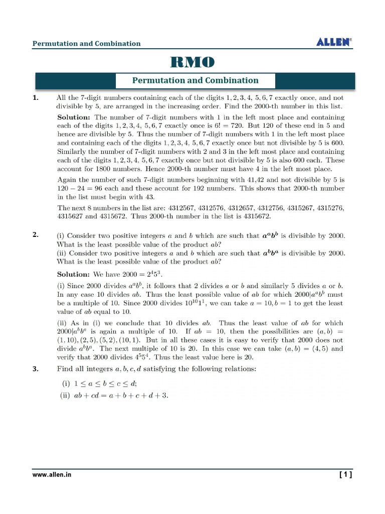 RMO - Permutation and Combination With Soluion | PDF