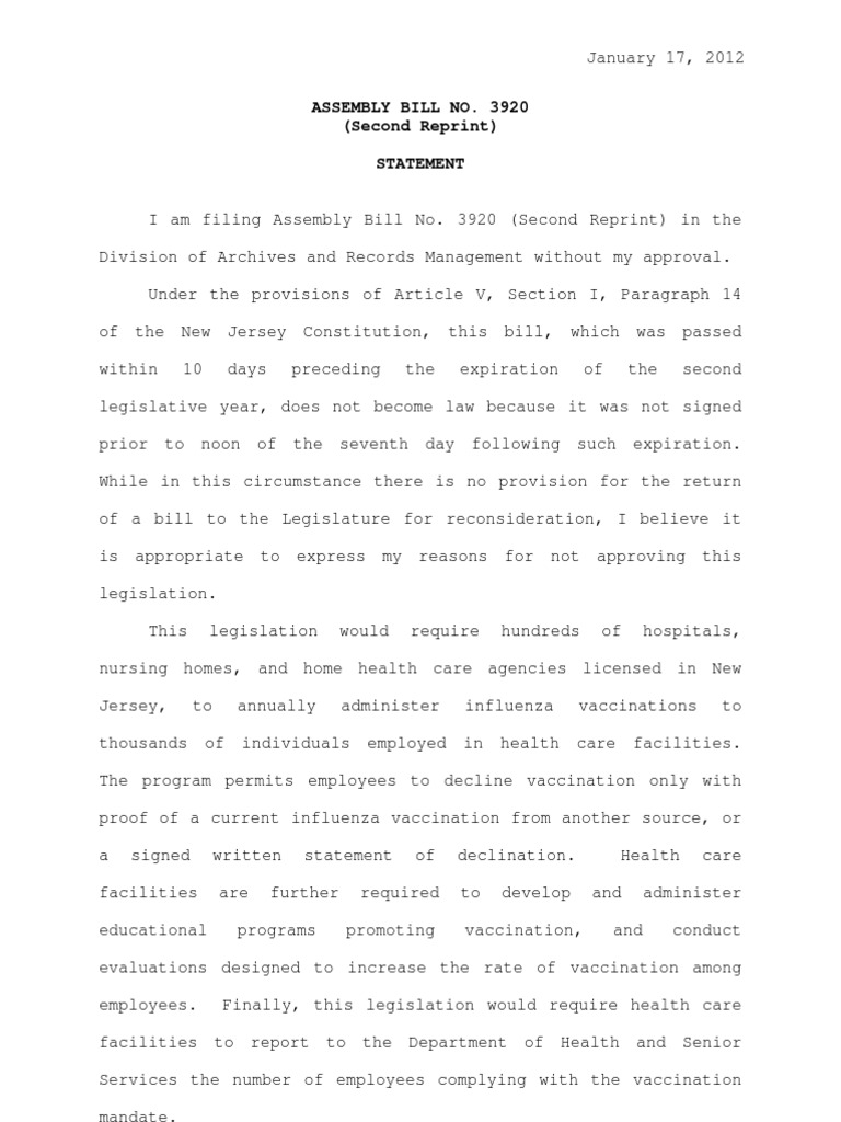 Assembly Bill No. 3920 (Second Reprint) Statement | PDF | Vaccination ...