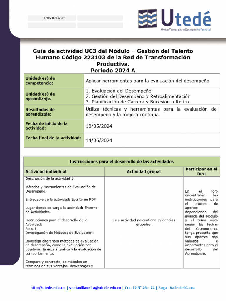 Guía de UC3 Planificando y Evaluando La Gestion Del Desempeño UA1 UA2 UA3 | PDF | Evaluación ...