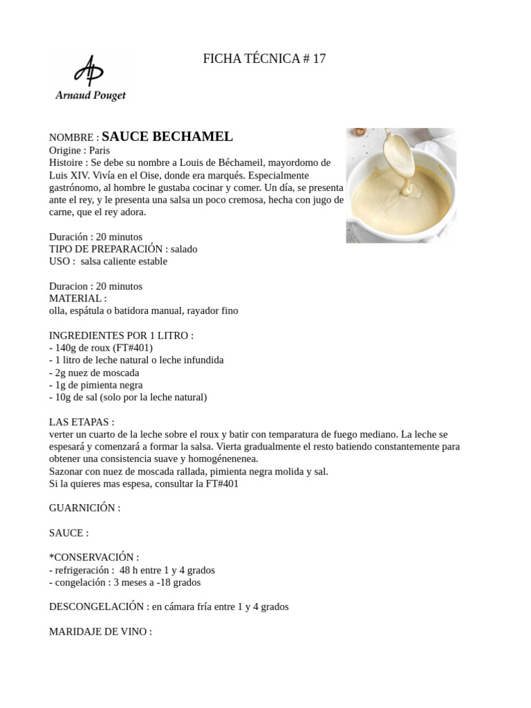 FT#17 Sauce Bechamel | PDF | Preparación de comida y bebida | Cocina