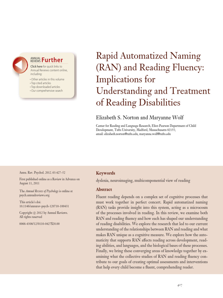 RAN and Reading Fluency Insights | PDF | Dyslexia | Fluency