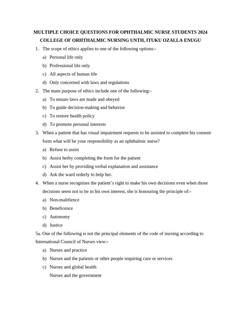Multiple Choice Questions For Ophthalmic Nurse Students 2024-1 | PDF ...