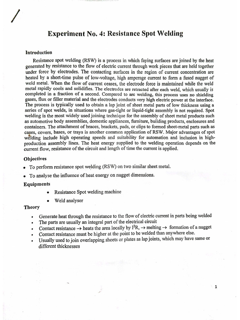 Resistance Spot Welding Lab Sheet | PDF