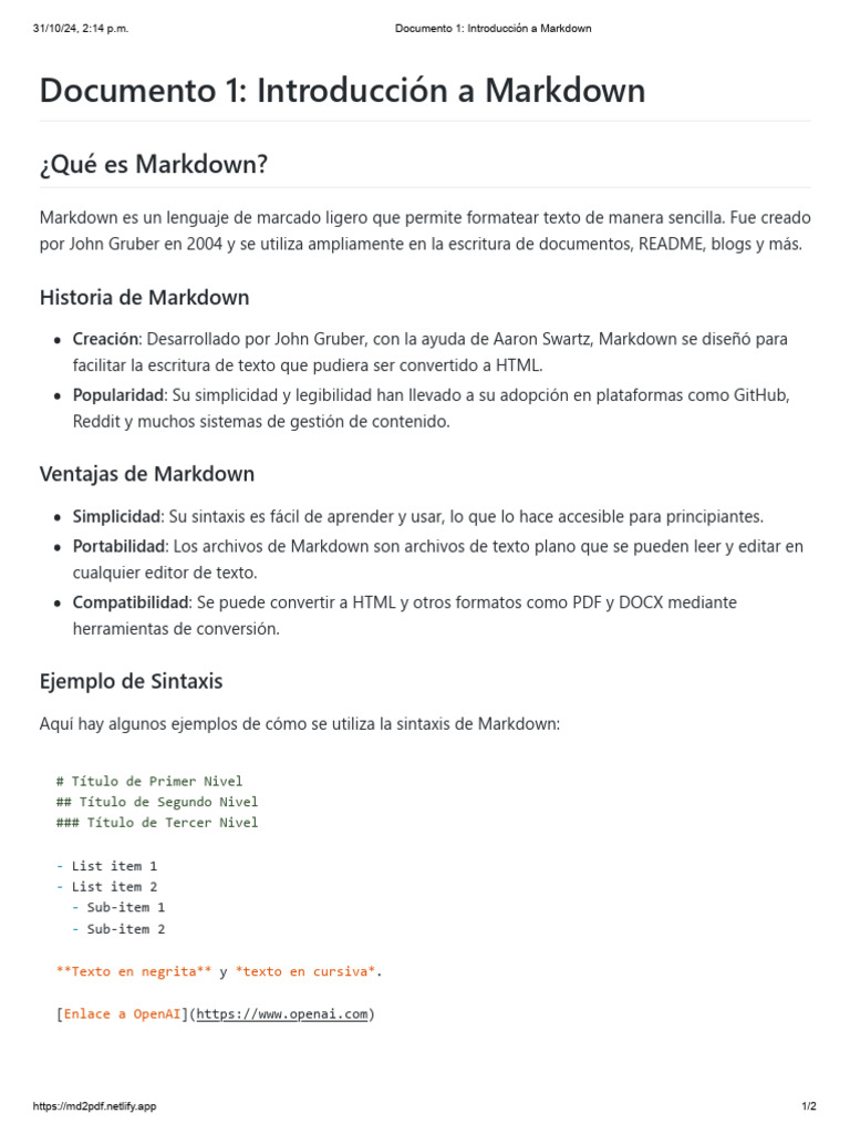 Documento 1 - Introducción A Markdown | PDF