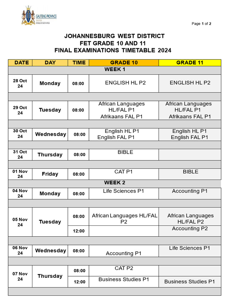 FET GRADE 10 & 11 NOV EXAMINATION TIMETABLE 2024_010745 | PDF | Science