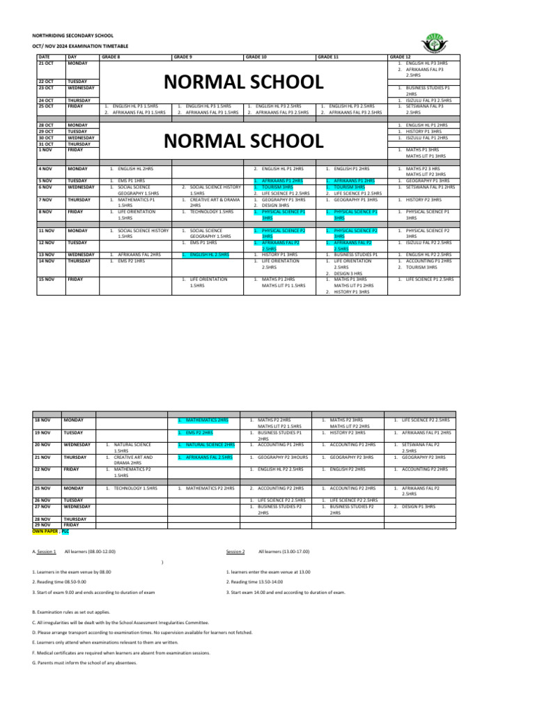 Northriding School Exam Timetable 2024 | PDF | Educational Stages ...