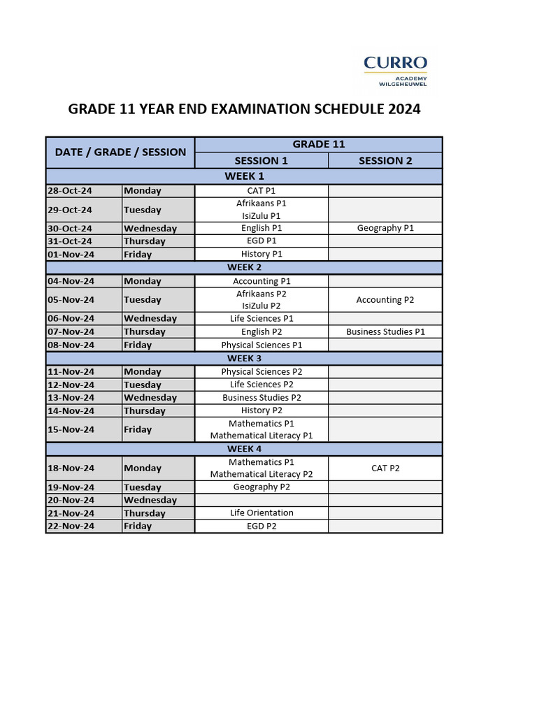 Grade 11 Exam Schedule 2024 | PDF