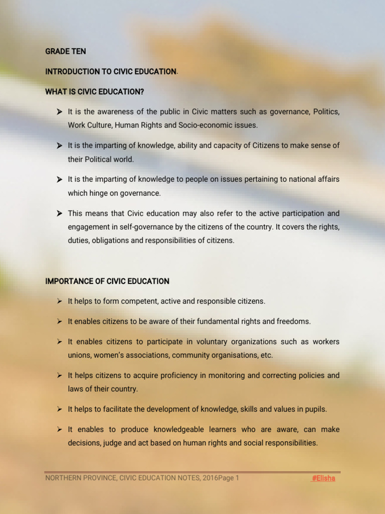 Grade 10 Civic Education Notes | PDF | Elections | Citizenship