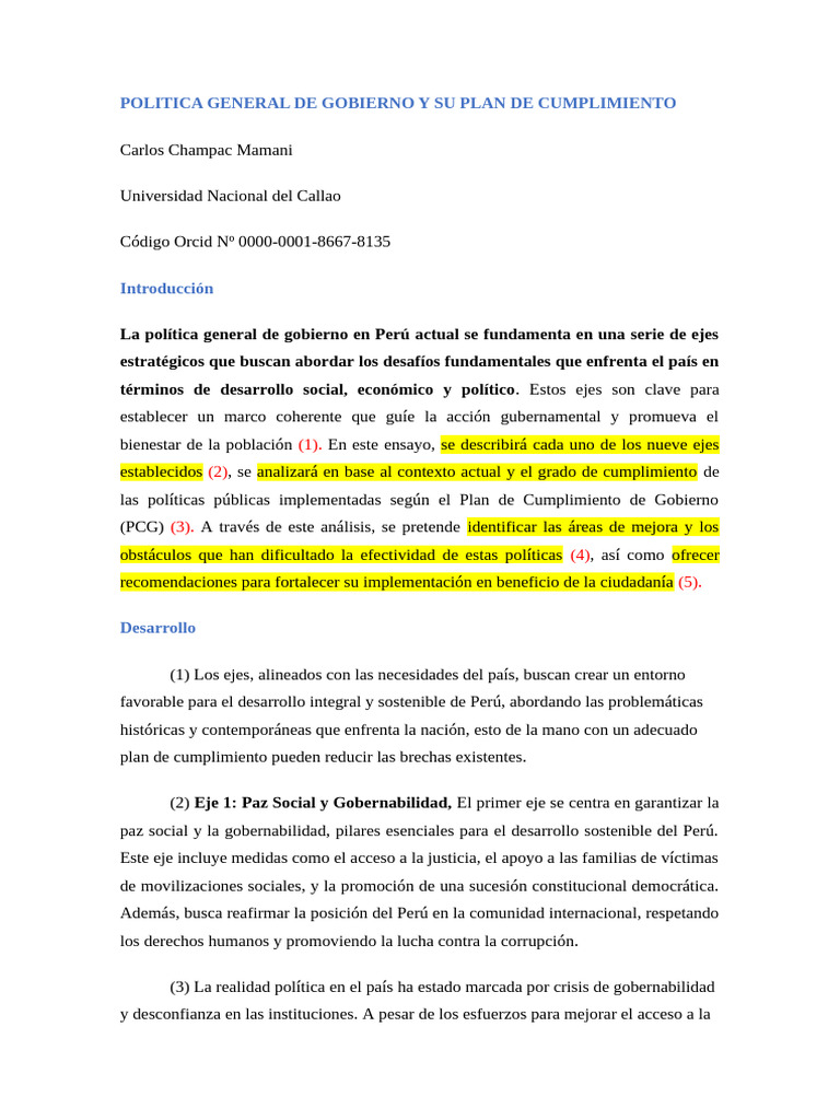 Ensayo PGG y Su Plan de Cumplimiento - Carlos Champac Mamani | PDF | Infraestructura ...