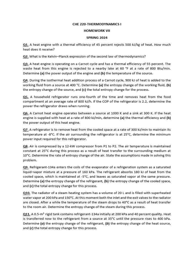 Che 220-Thermodynamics I Homework Vii SPRING 2024 | PDF | Physical ...