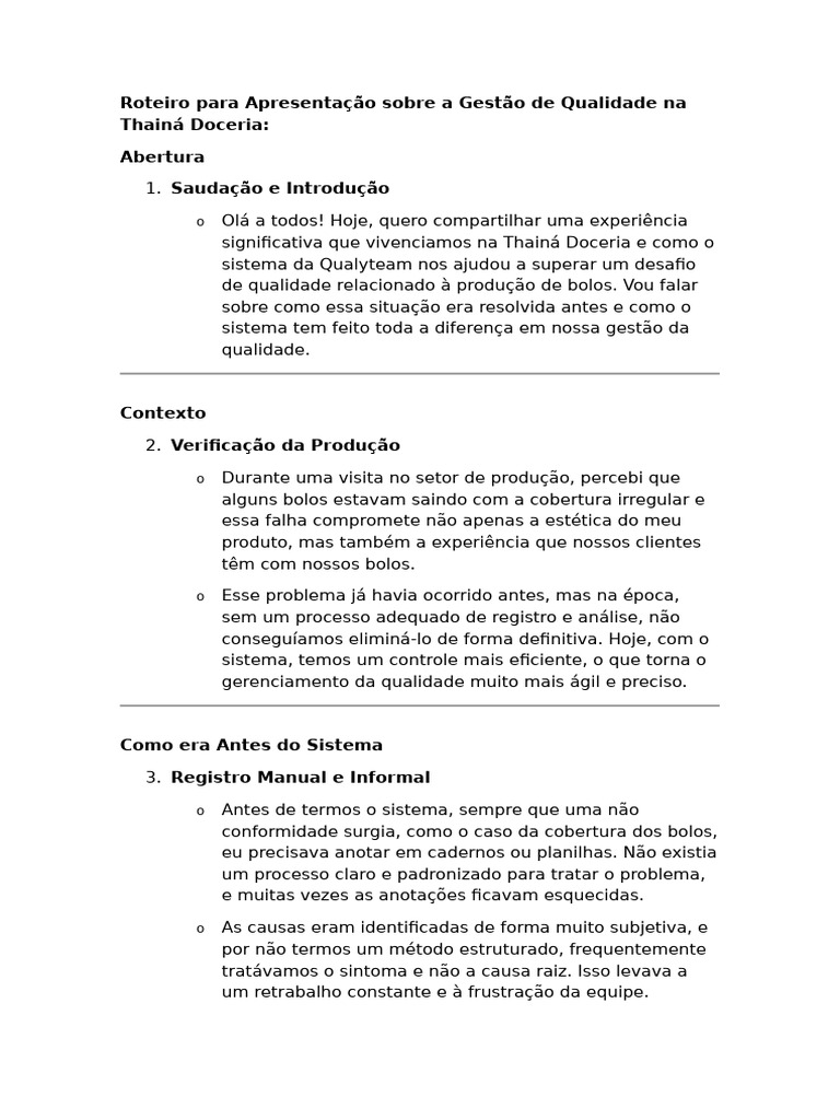 Roteiro para Apresentação Sobre A Gestão de Qualidade Na Thainá Doceria ...