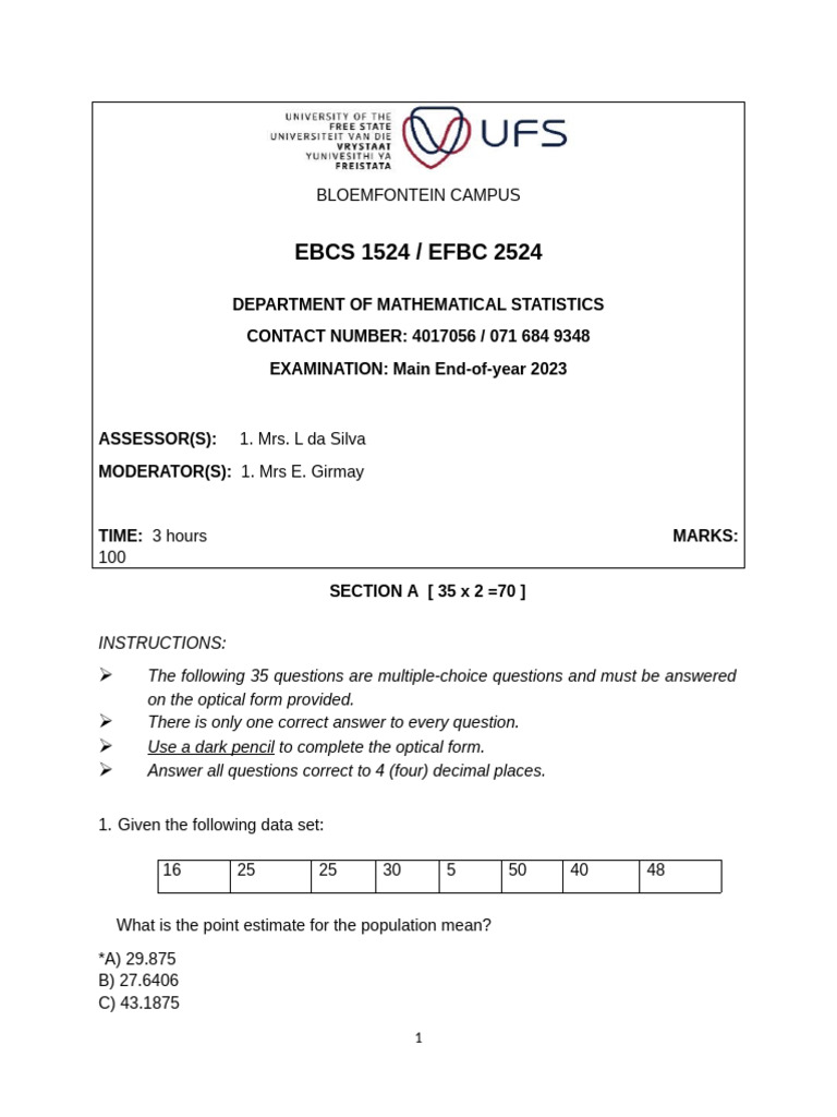 Nov Ebcs1524 Exam1 2023 Memo | PDF | Statistical Significance | Statistics