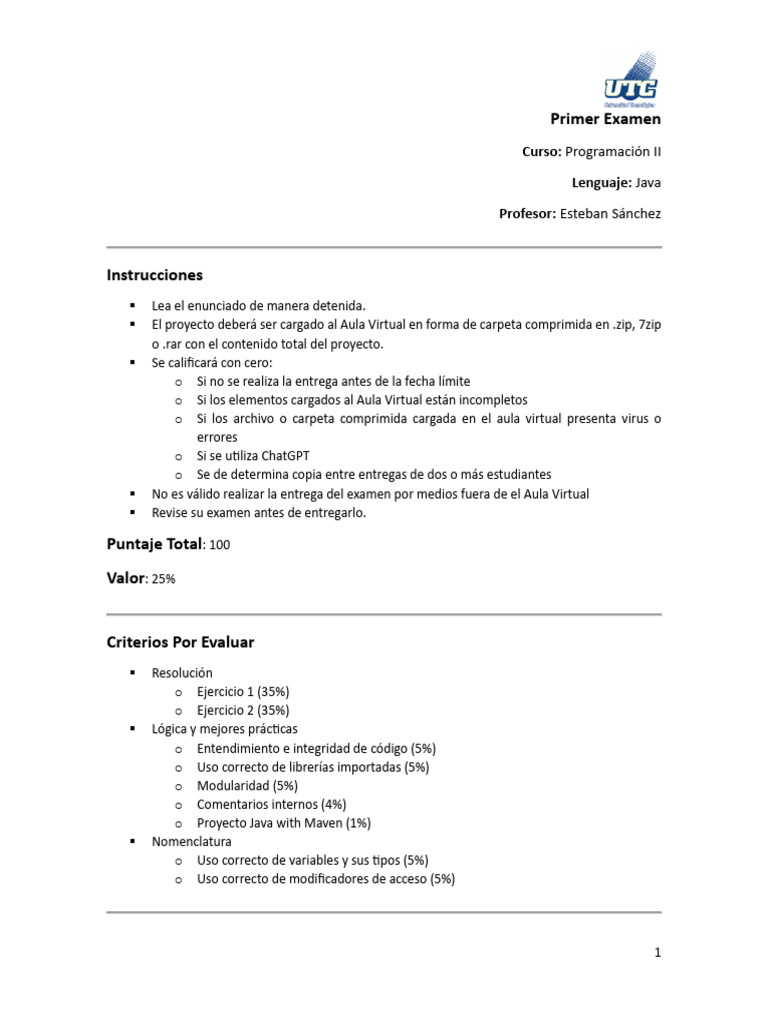 Examen de Programación en Java | PDF | Java (lenguaje de programación) | Lenguaje de programación