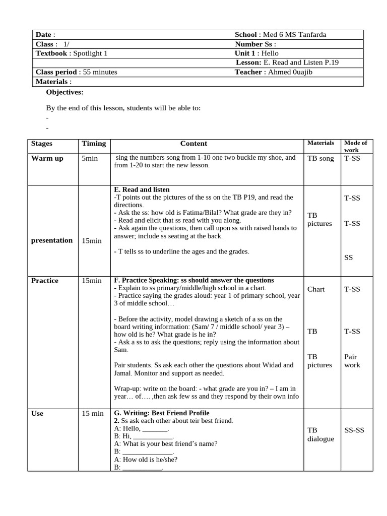 Unit 1 lesson 2 E. Read and Listen | PDF | Pedagogy | Teaching
