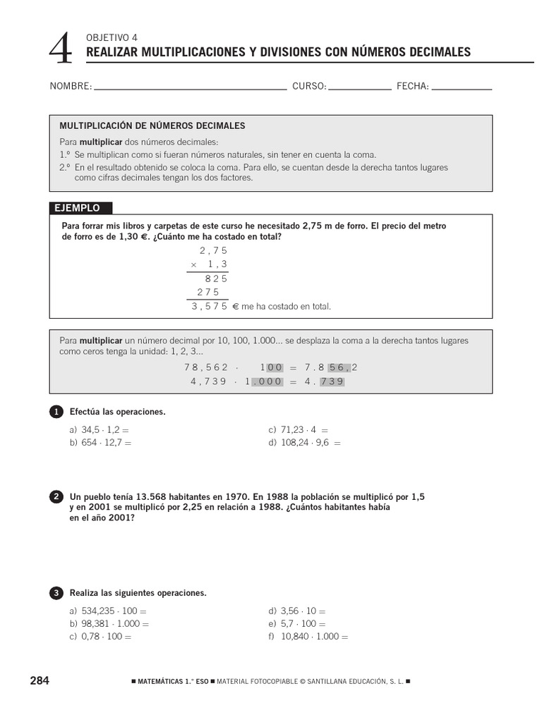 Multiplicación y División de Números Decimales | PDF | División ...