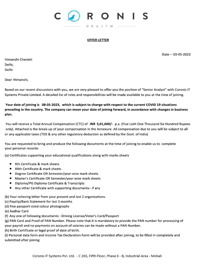 Coronis Offer Letter | PDF