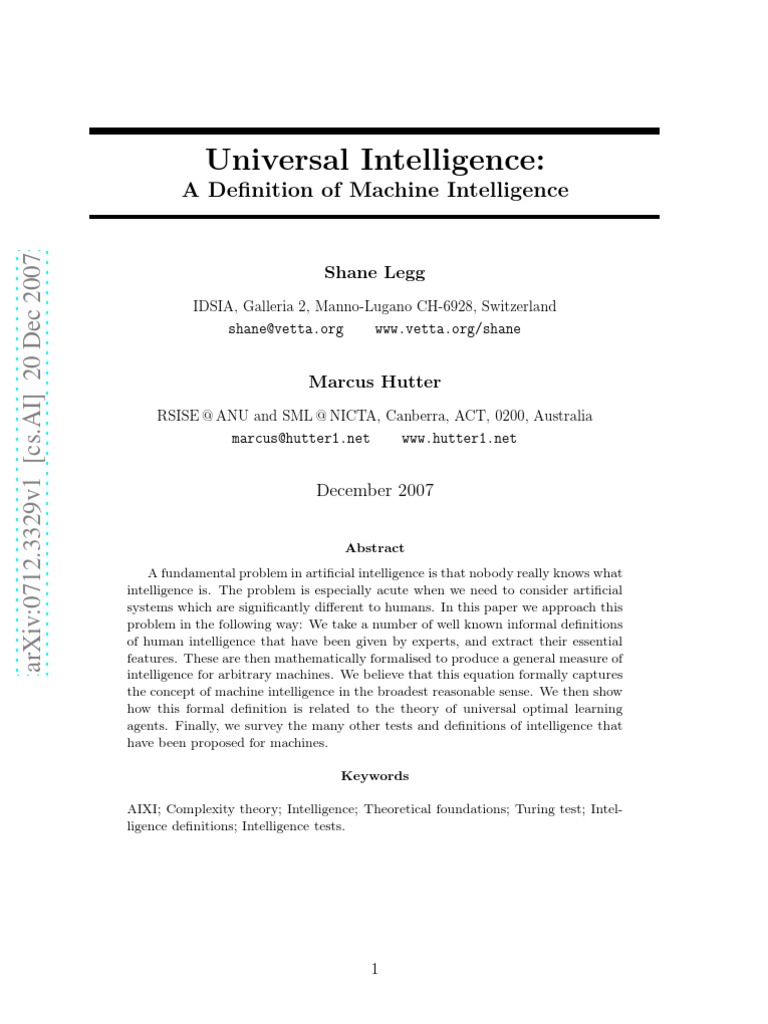 Universal Intelligence:: A Definition of Machine Intelligence | PDF ...