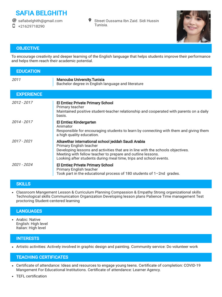 English Teacher CV - Safia Belghith | PDF | Teachers | Schools