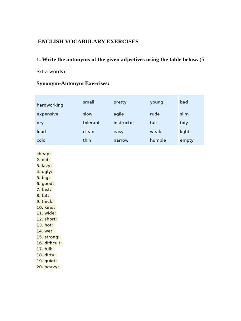 English Vocabulary Exercises | PDF | Foreign Language Studies