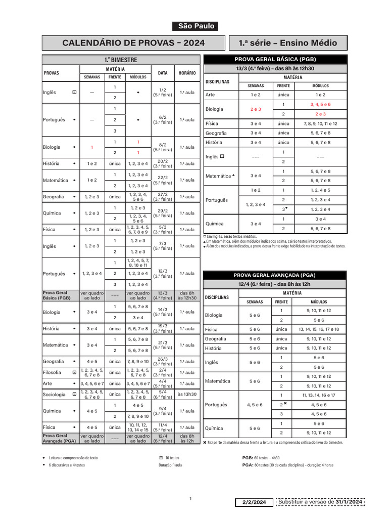 Calendário de Provas 2024 | PDF | Science