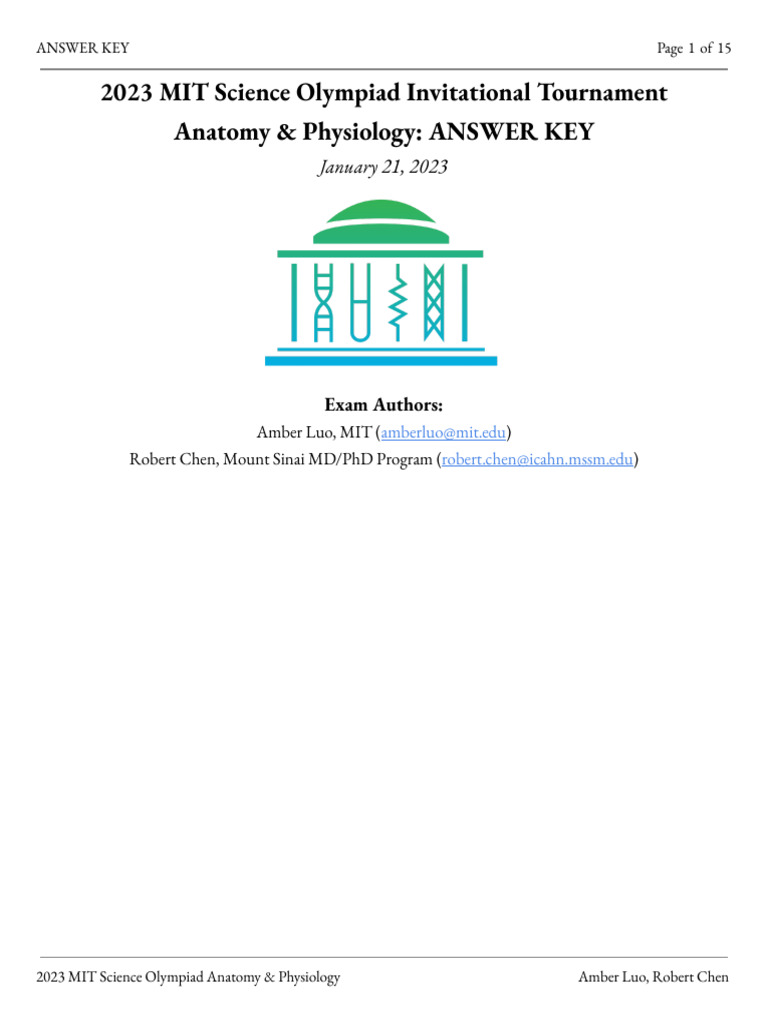 2023 MIT Science Olympiad Anatomy - Physiology ANSWER KEY | PDF ...