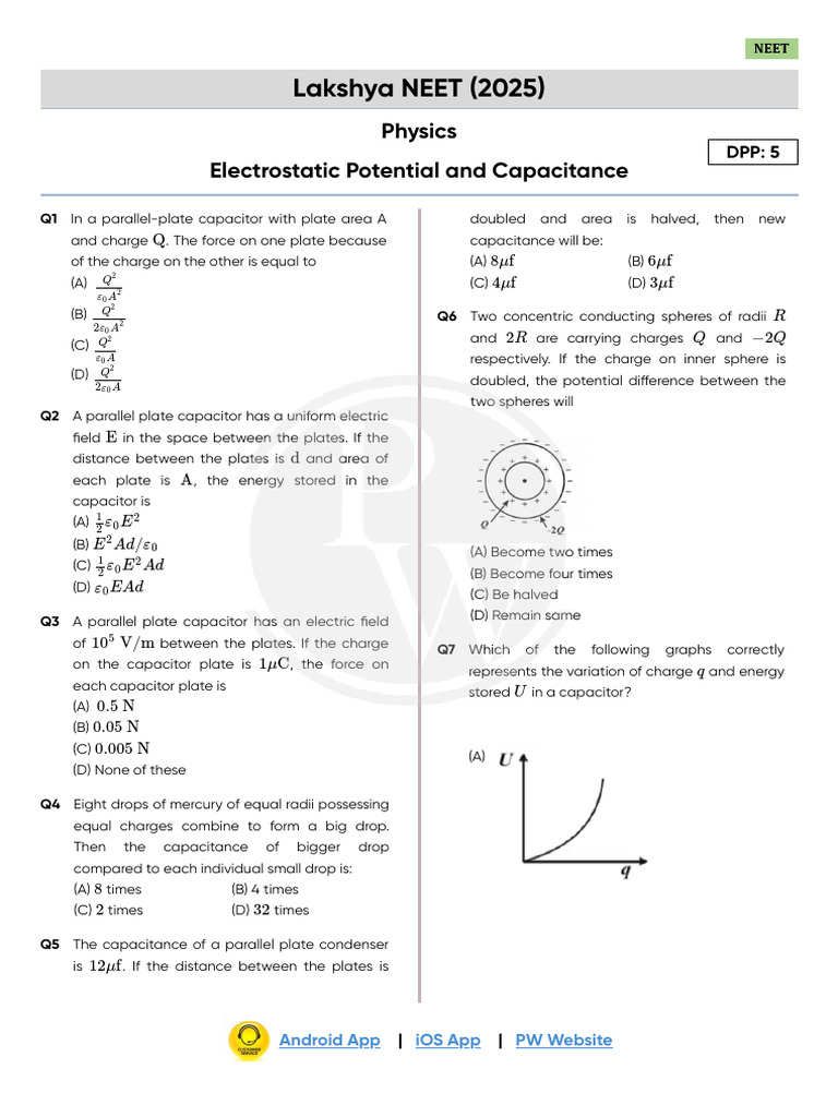 Electrostatic Potential and Capacitance - DPP 05 (Of Lecture 08) - Lakshya NEET 2025 | PDF ...