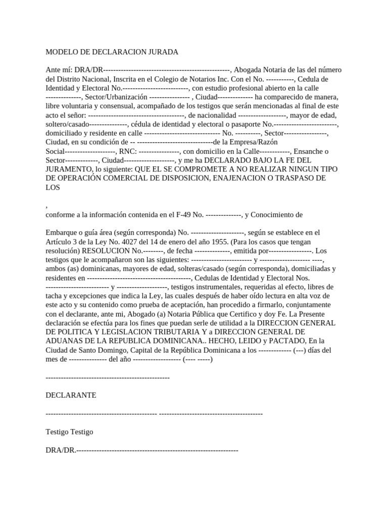 Modelo de Declaracion Jurada | PDF | Documento de identidad | Gobierno