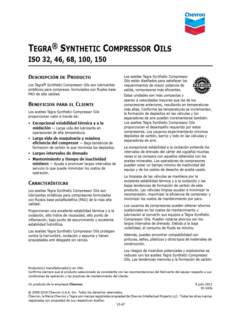 Tegra Synthetic Compressor Oils Iso 68 | PDF | Lubricante | Materia suave