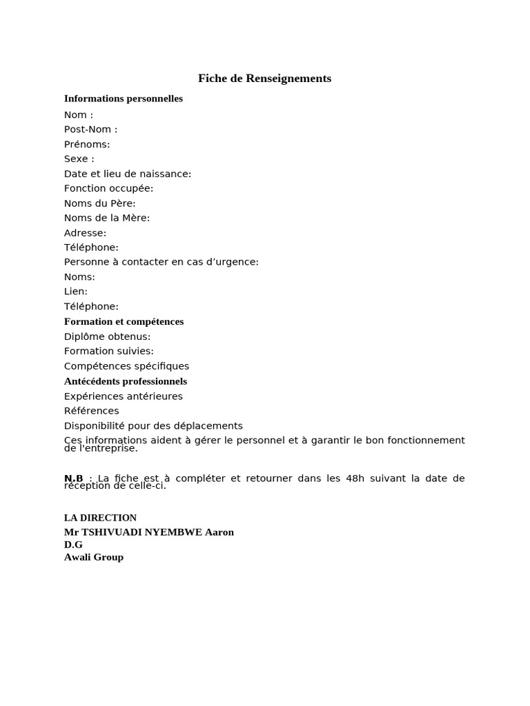 Fiche de Renseignements Personnels | PDF | Évolution de carrière