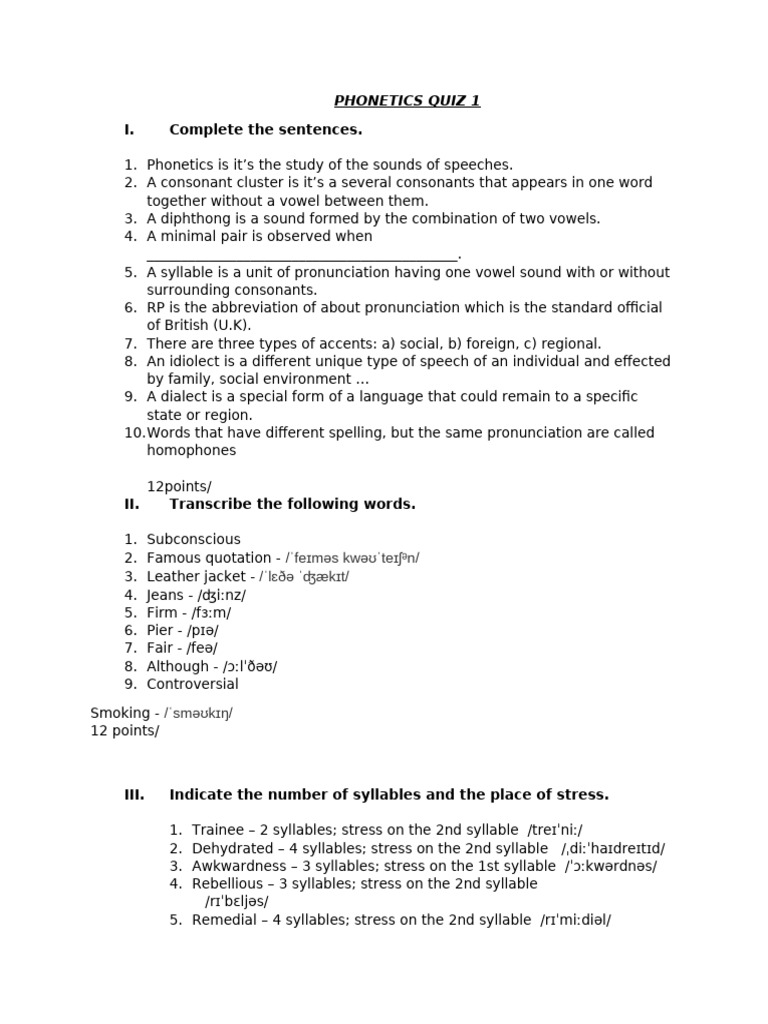 PHONETICS QUIZ | PDF | Stress (Linguistics) | Syllable
