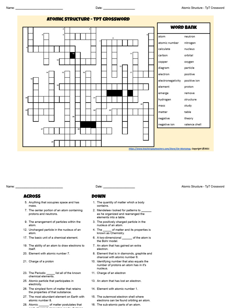 Atomic Structure - TPT Crossword Word Bank | PDF | Atoms | Proton