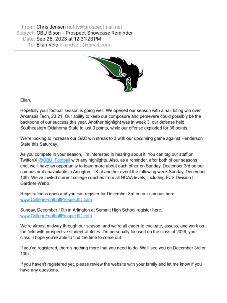 OBU Bison - Prospect Showcase Reminder | PDF | Sports & Recreation OBU Bison - Prospect Showcase Reminder | PDF | Sports & Recreation