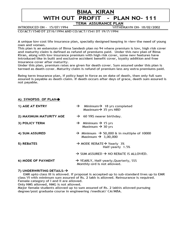 111,150 Bima KIran Plan | PDF | Insurance | Life Insurance