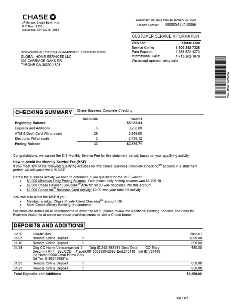 JAN GLOBAL Statements 0056 | PDF | Chase Bank | Banks