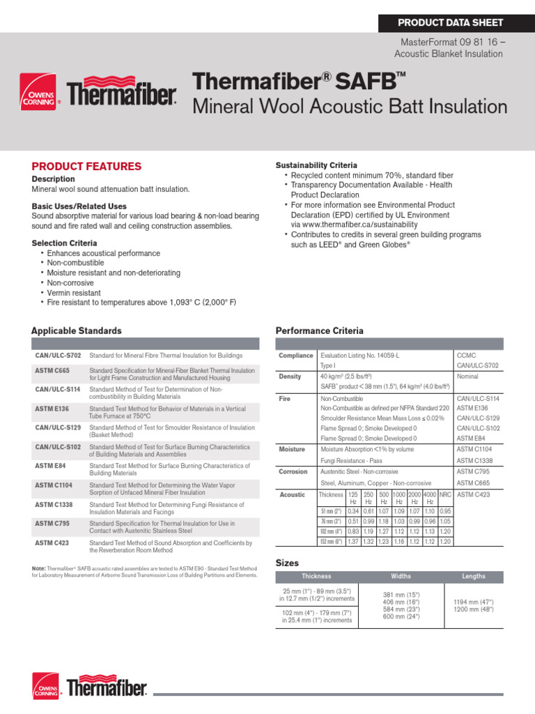 600008C Thermafiber SAFB Data Sheet EN | PDF | Thermal Insulation ...