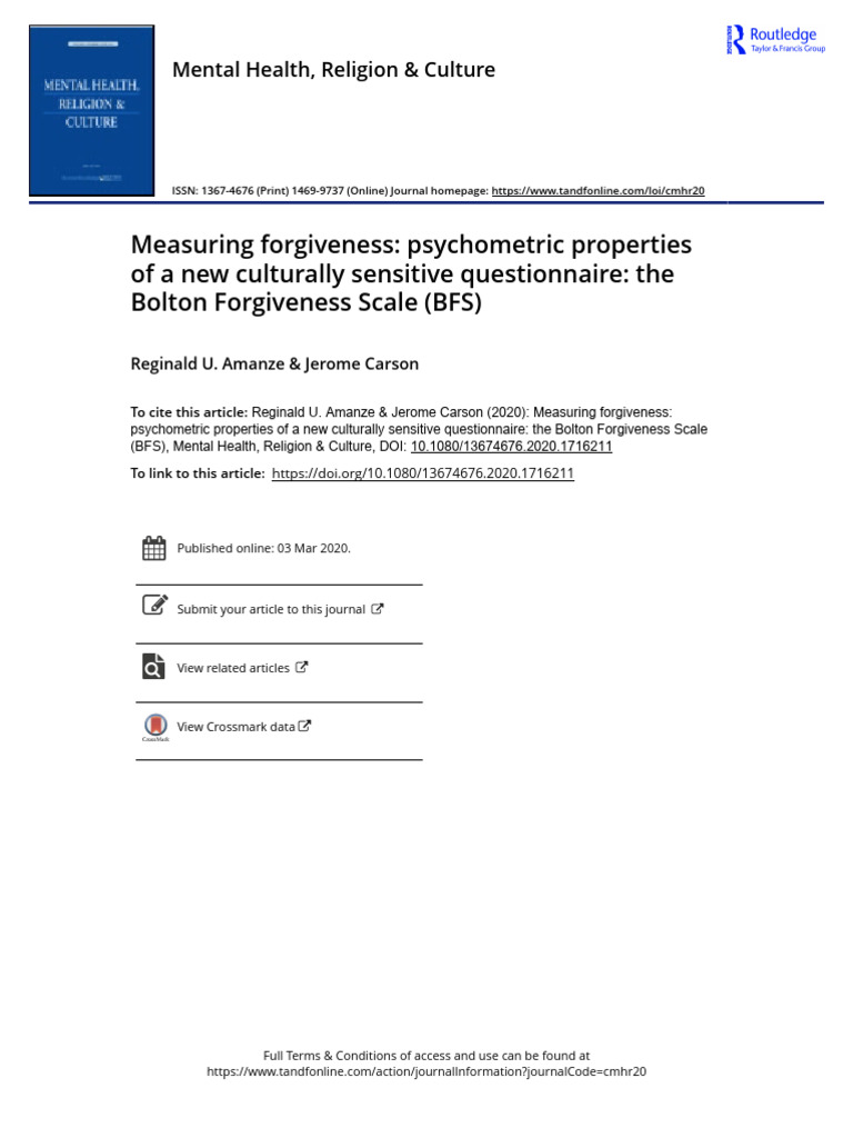 Bolton Forgiveness Scale: Psychometric Insights | PDF | Factor Analysis ...