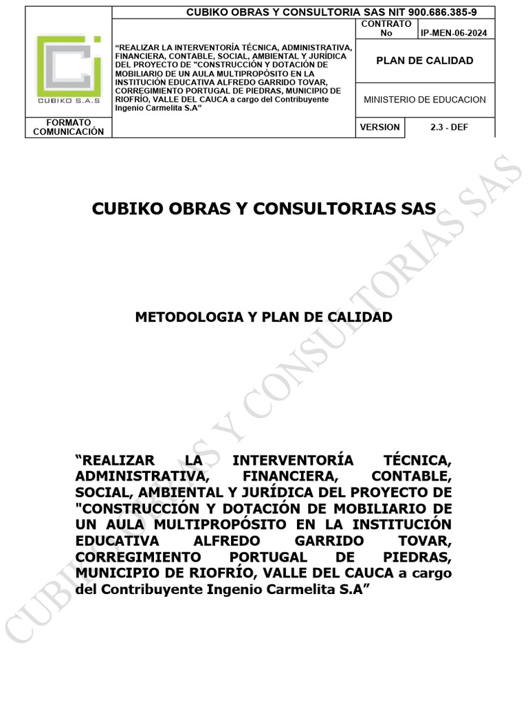 Plan de Calidad Interventoria | PDF | Calidad (comercial) | Business