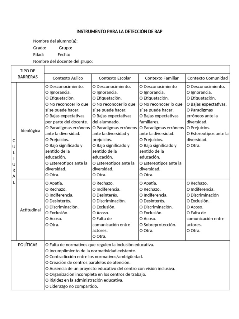 Instrumento para La Detección de Bap | PDF | Enseñando | Salón de clases