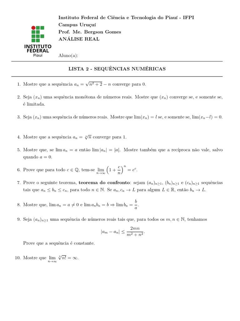Lista 04 - Sequências Numéricas | PDF