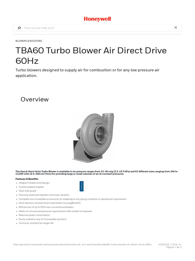 TBA60 Turbo Blower Air Direct Drive 60Hz - Honeywell | PDF ...