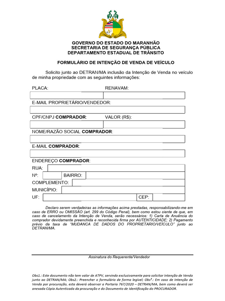 Formulario de Intenção de Venda Detran - MA | PDF
